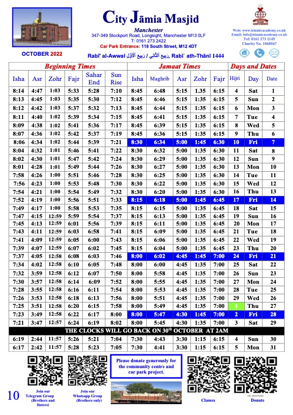 Prayer Timetable – The Islamic Academy of Manchester