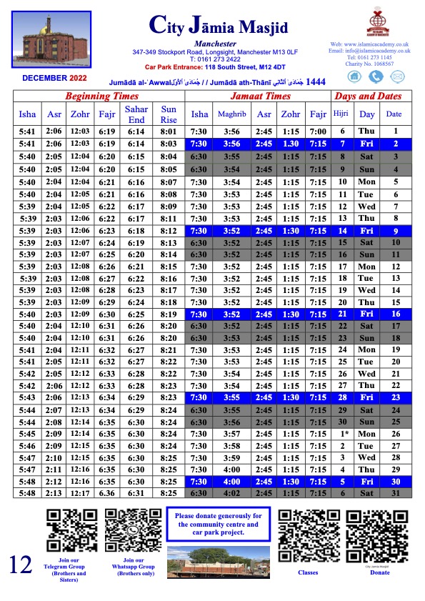Prayer Timetable – The Islamic Academy of Manchester